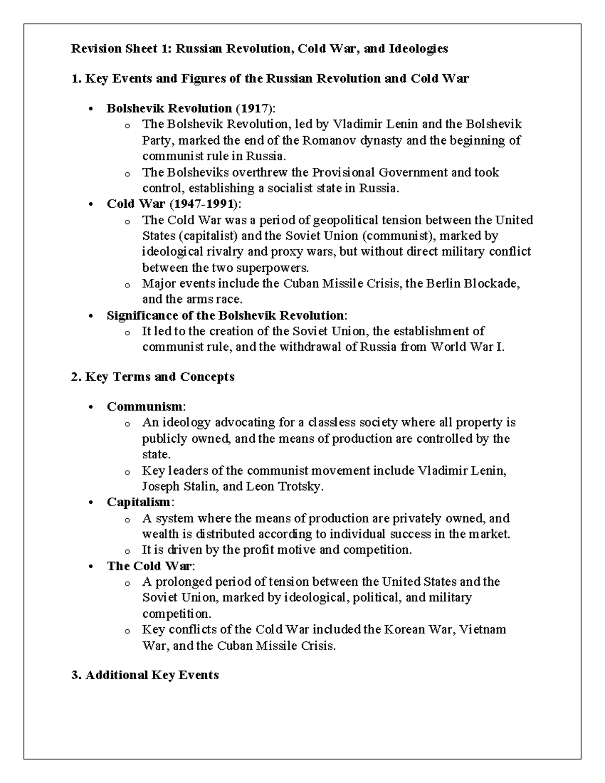 Revision Sheet 1: Key Events in Russian Revolution & Cold War - Studocu