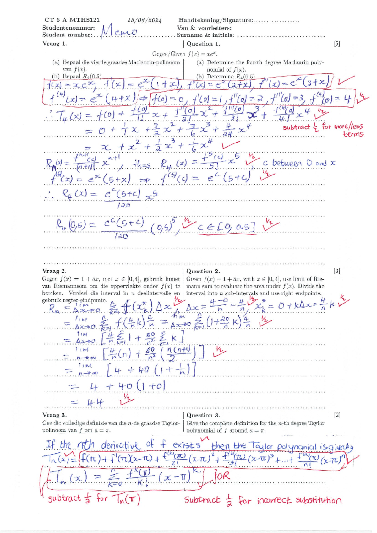 MTHS121 Test 6 2024 Memo: Maclaurin & Taylor Polynomial Solutions - Studocu