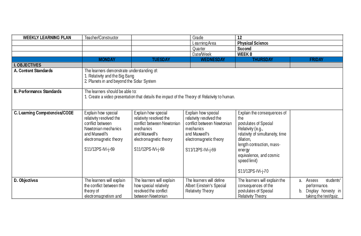 Physical Science DLL Q2W6 - WEEKLY LEARNING PLAN Teacher/Constructor ...