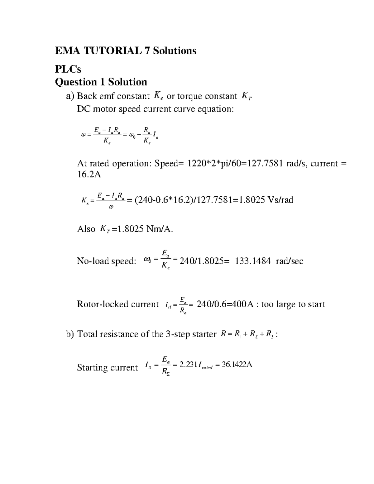 EMA TUT 7-S22 Solutions - EMA TUTORIAL 7 Solutions PLCs Question 1 ...