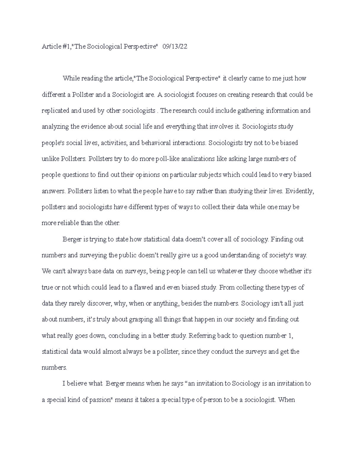 Course Code SCS101: Article Analysis on "The Sociological Perspective ...