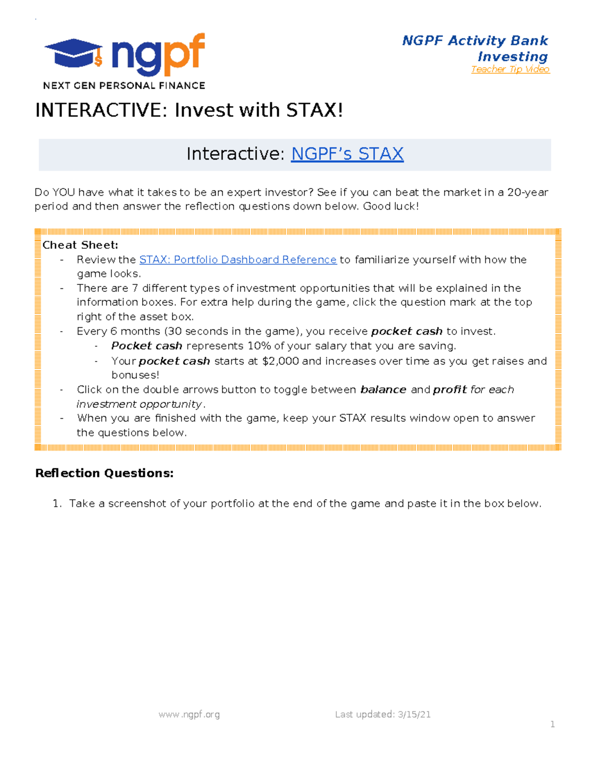 Interactive STAX Investment Game Overview and Reflection Guide - Studocu