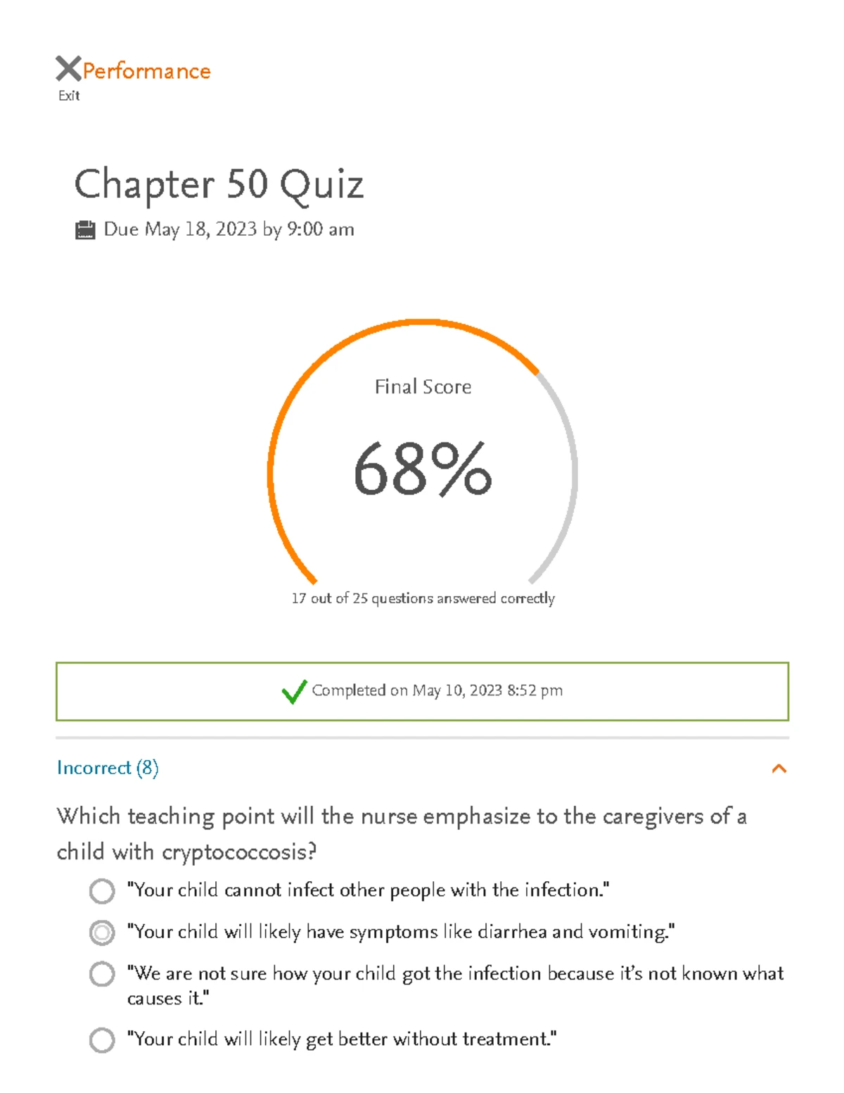 Elsevier Adaptive Quizzing Quiz Performance Exit Performance Chapter 50 Quiz Due May 18