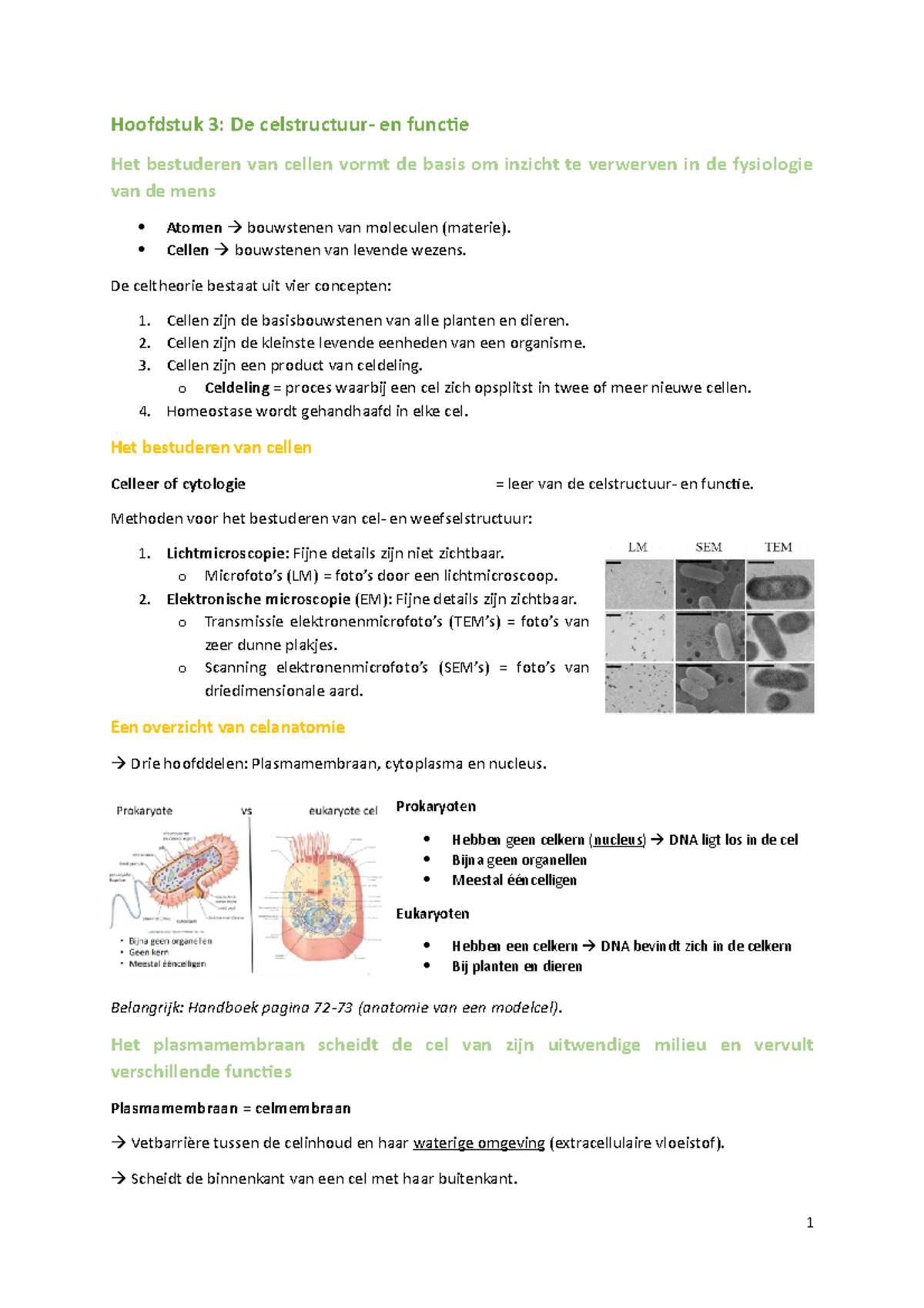 H3 Samenvatting Anatomie en fysiologie I - Hoofdstuk 3: De celstructuur ...
