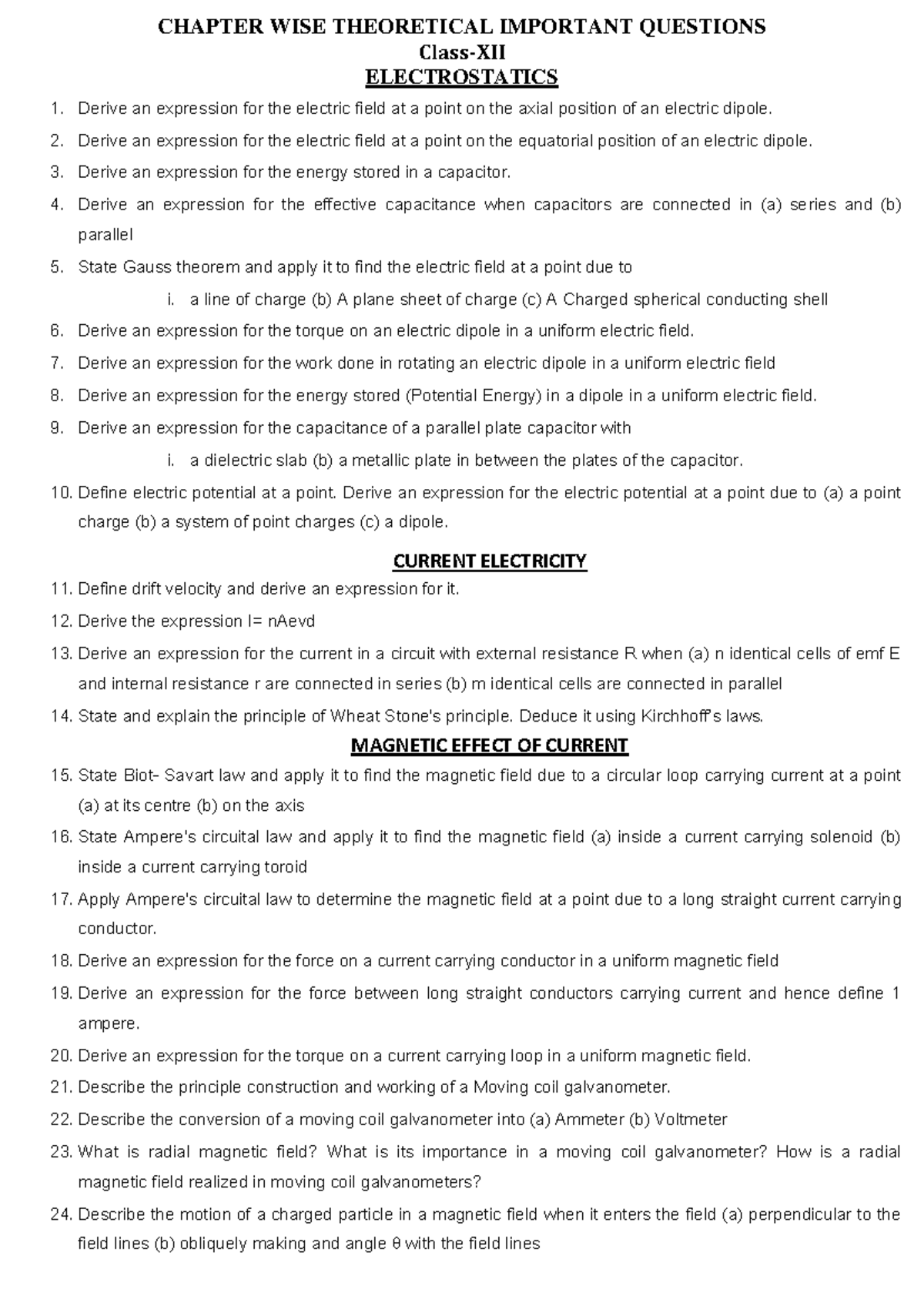 Chapterwise Important Theoretical Questions for Class XII Physics - Studocu