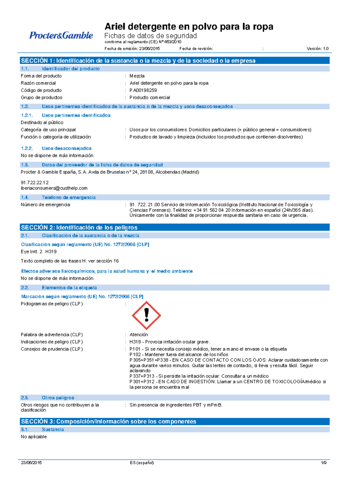 Ariel Detergente EN Polvo → GHS - Fichas de datos de seguridad conforme ...