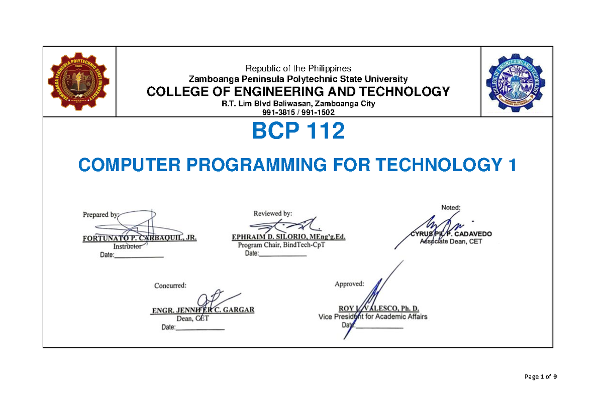 BCP 112 Computer Programming for Technology 1 Course Syllabus - Studocu
