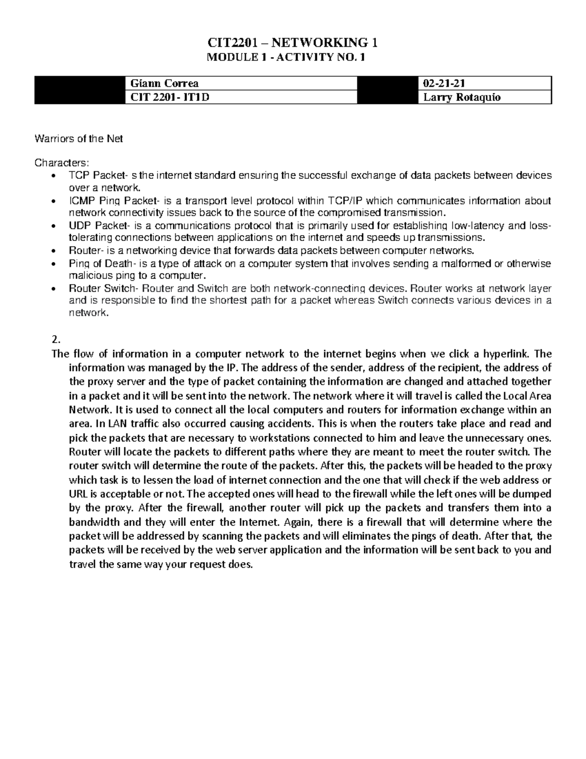 CIT2201 Networking 1 - Module 1 Activity: Understanding Data Packets - Studocu