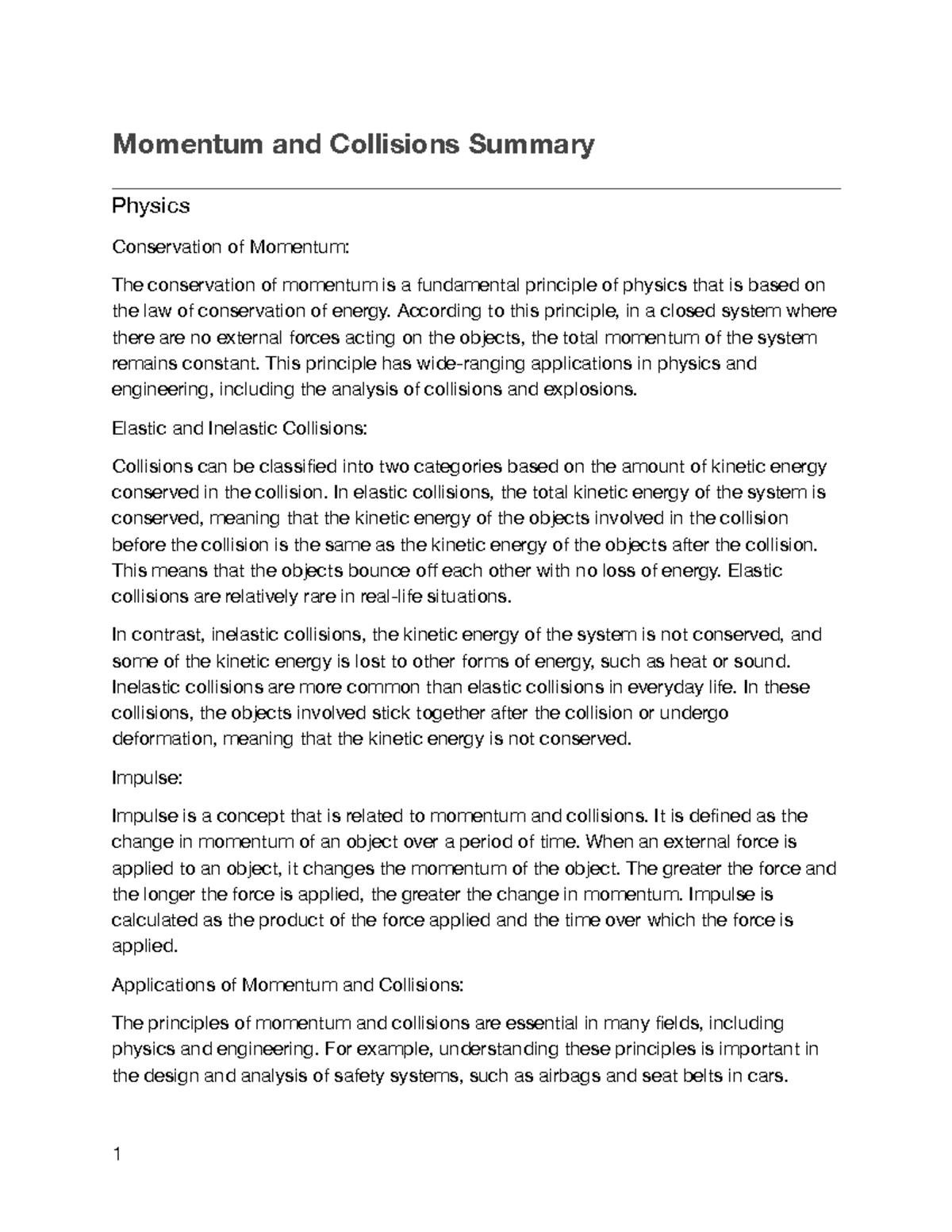 Physics: Momentum & Collisions Summary and Applications - Studocu