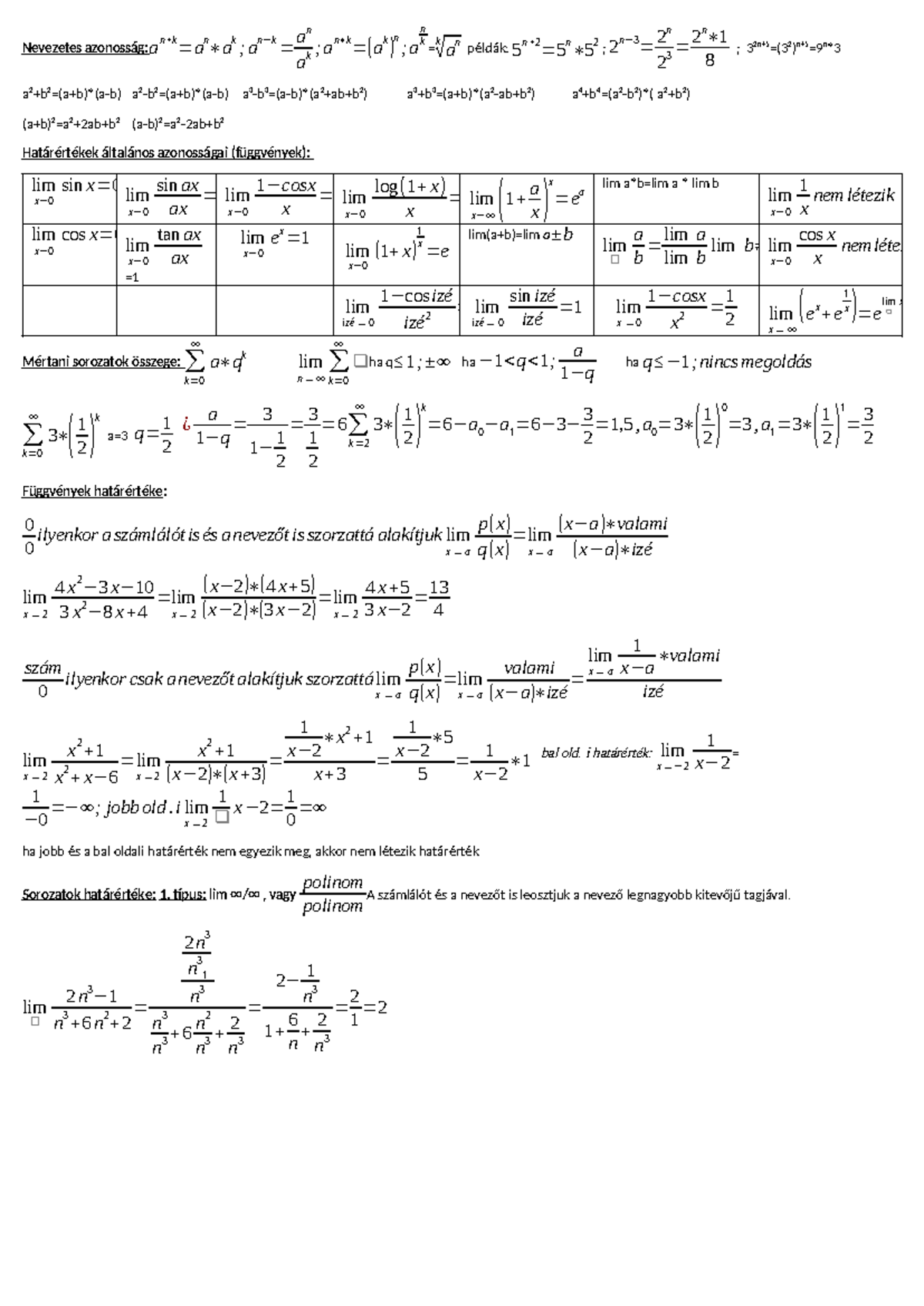 Matek puska - Matematika ZH segédlet - Nevezetes azonosság: a n+k =a n ...