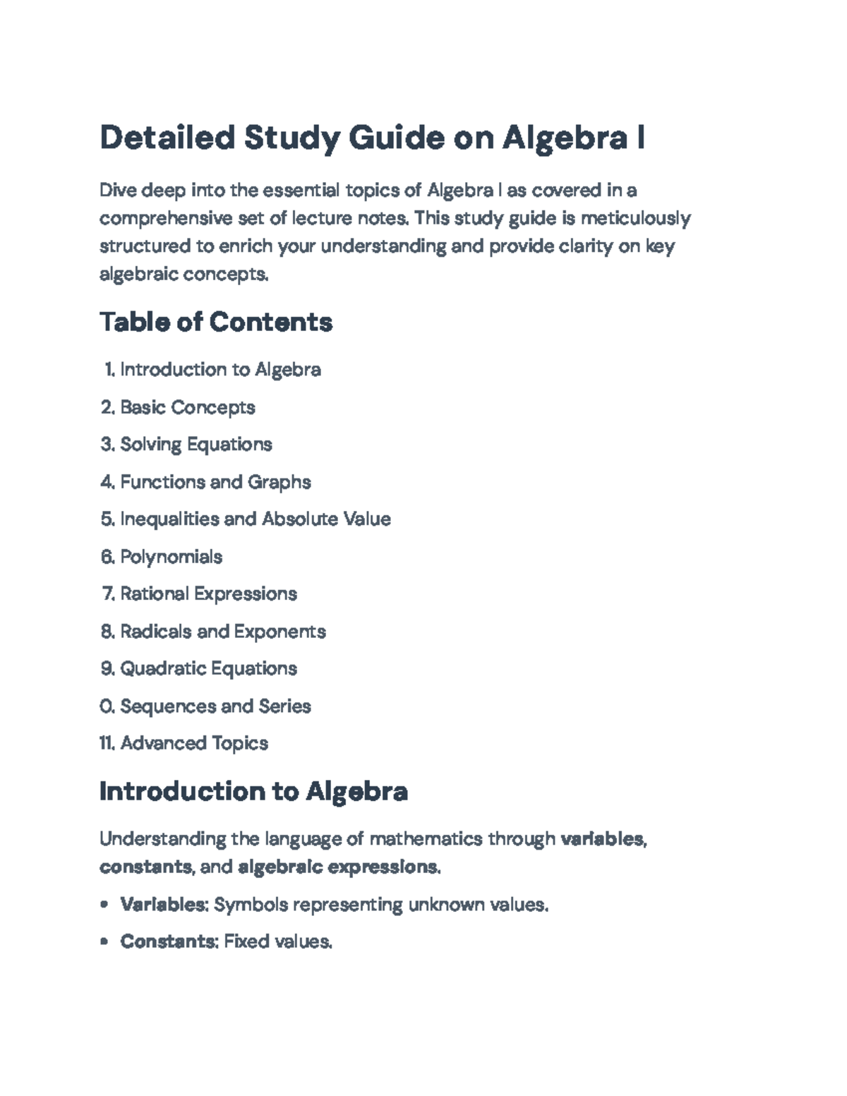 Comprehensive Algebra I Study Guide: Key Concepts and Methods ...
