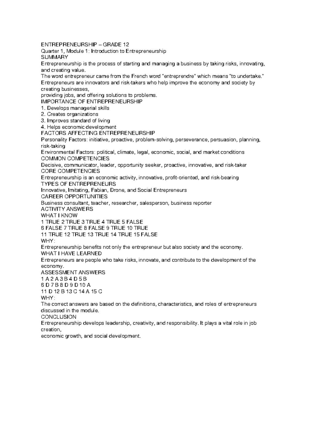 ENTREPRENEURSHIP GRADE 12 Q1: Module 1 Summary & Key Concepts - Studocu