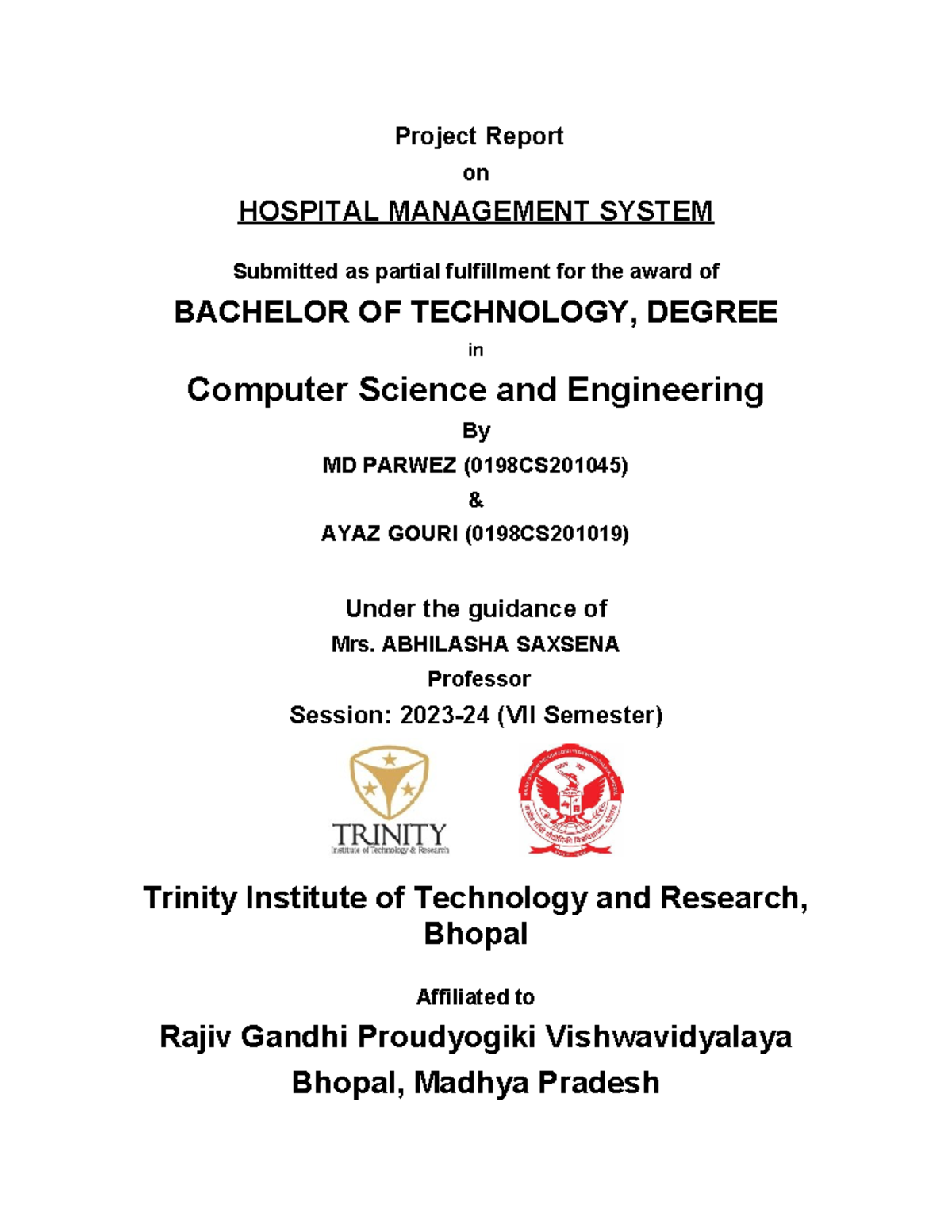 Major Project Report: Hospital Management System (HMS) for B.Tech in ...
