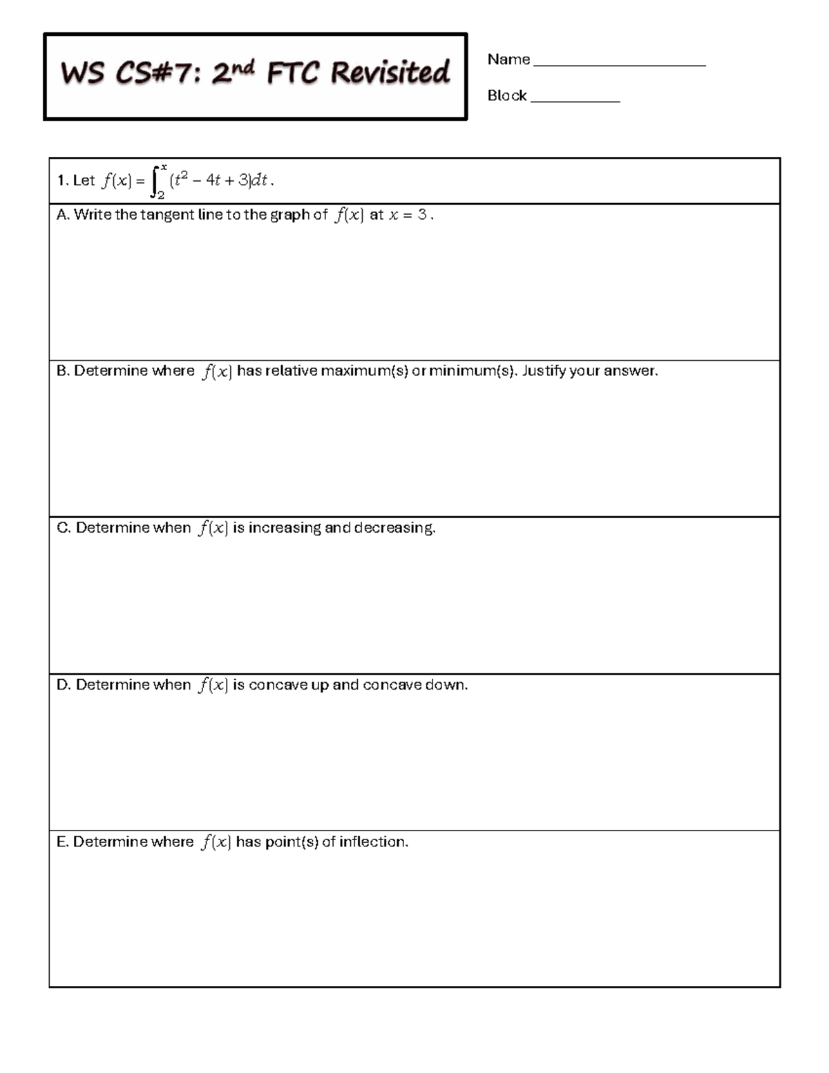 2nd FTC Worksheet: Analyzing f(x) for Tangents & Extrema - Studocu