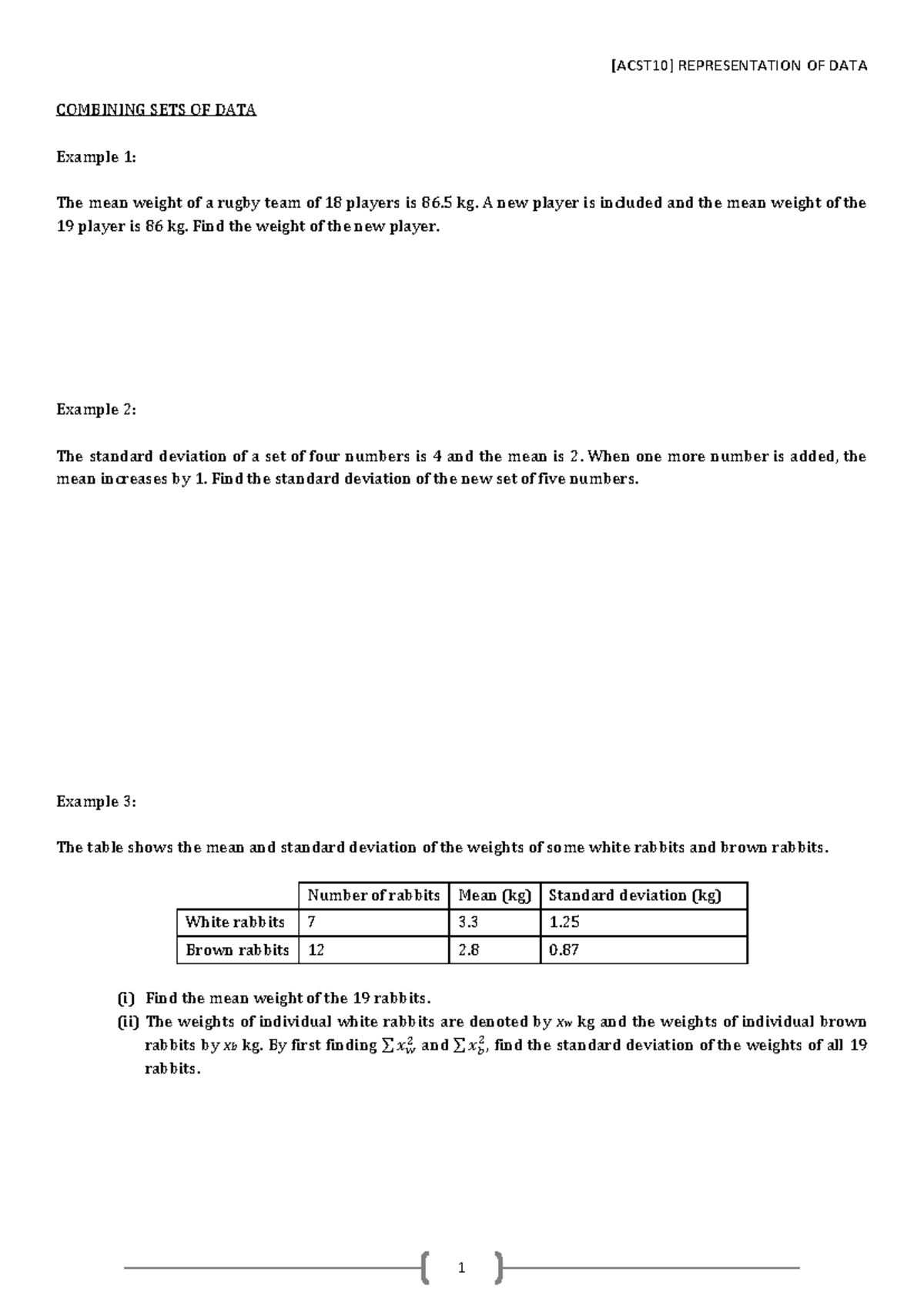 REPRESENTATION OF DATA: Combined & Coded MEAN & SD Examples - Studocu