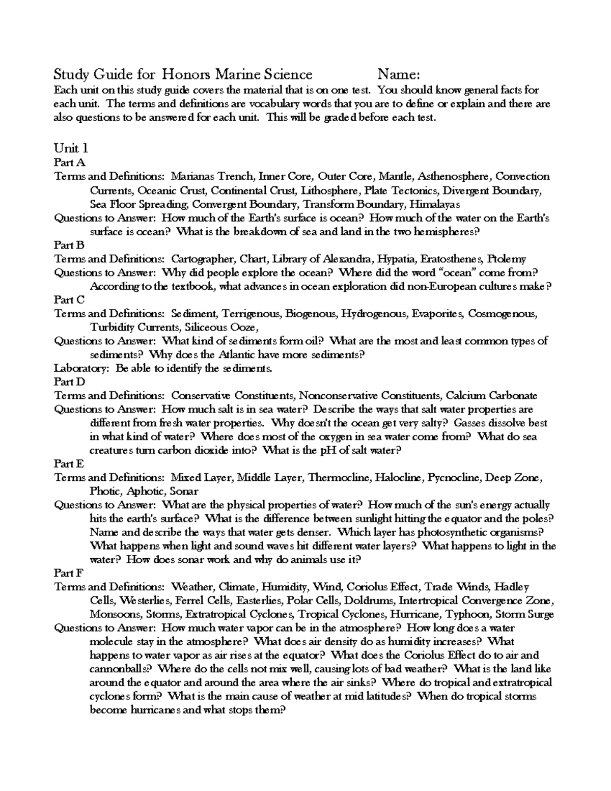 Study Guide MS 101: Honors Marine Science for Fall Semester - Studocu