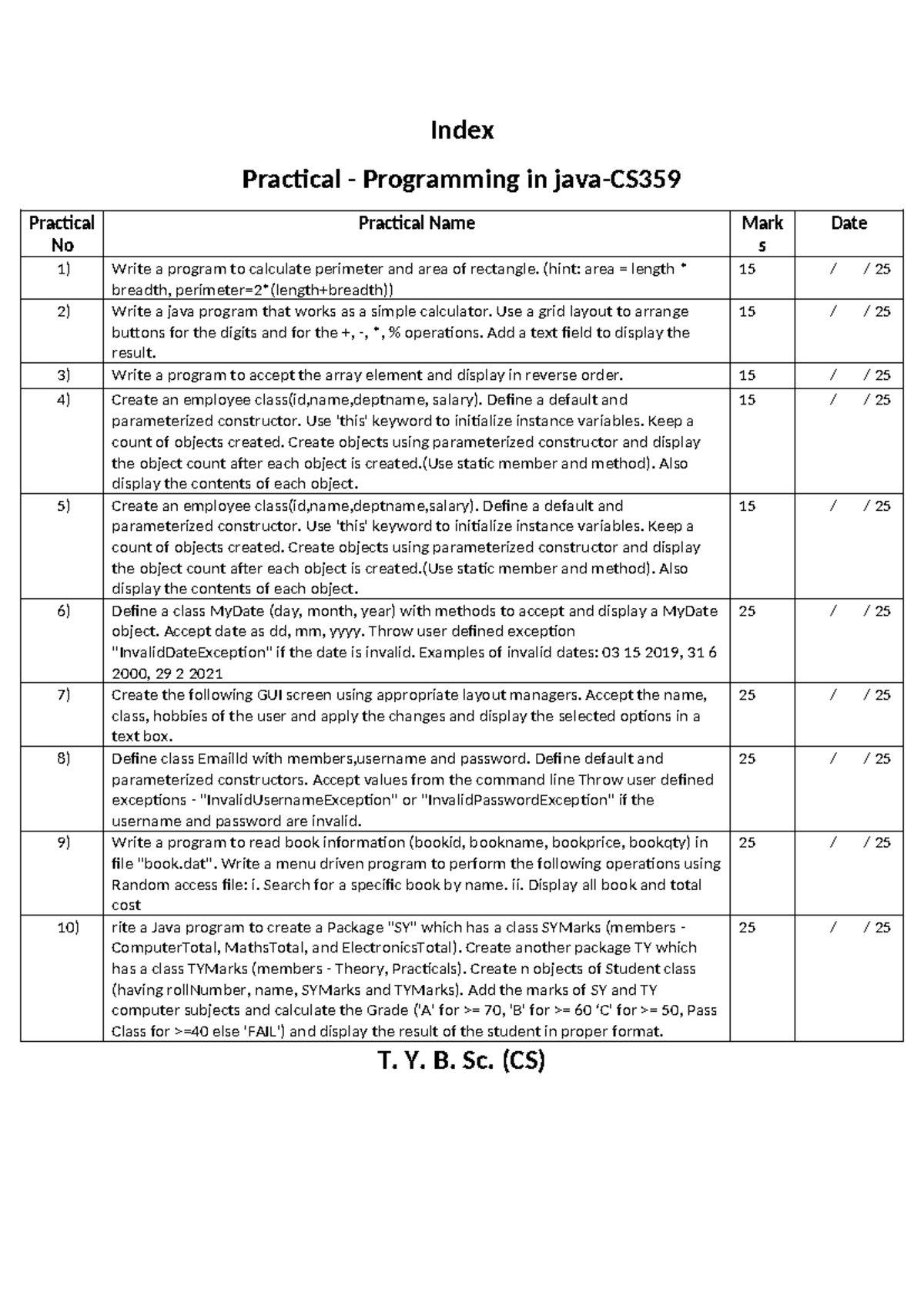 TY BSc (CA) Java Practical Index: Programs & Class Definitions - Studocu