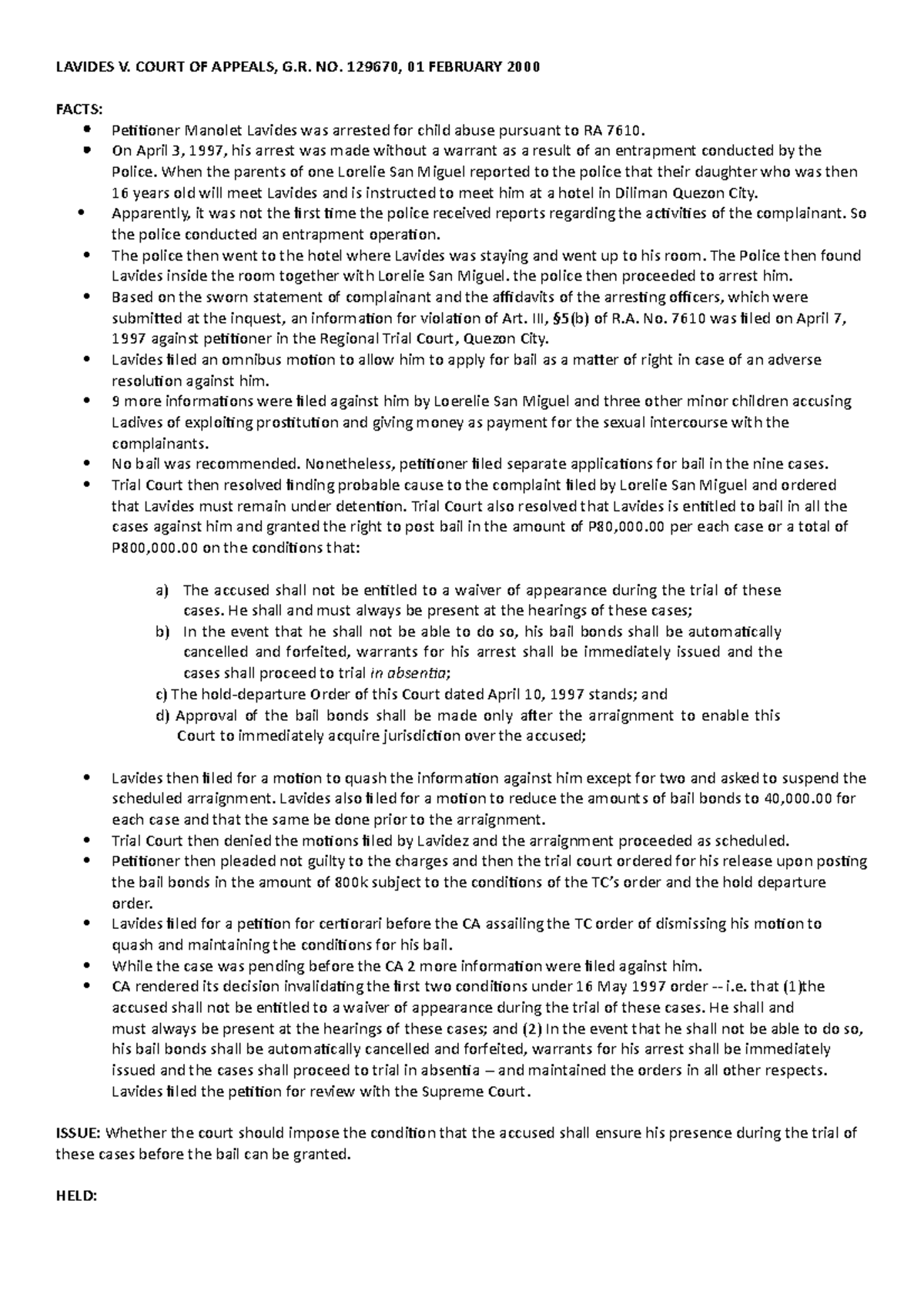 Crimpro-RULE-114 - Rules of court - LAVIDES V. COURT OF APPEALS, G. NO ...