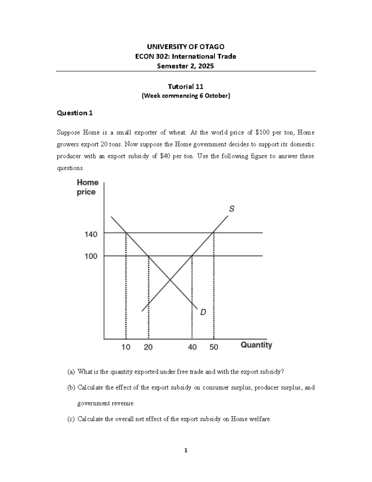 ECON 302: International Trade Tutorial 11 - Export Subsidy Analysis ...