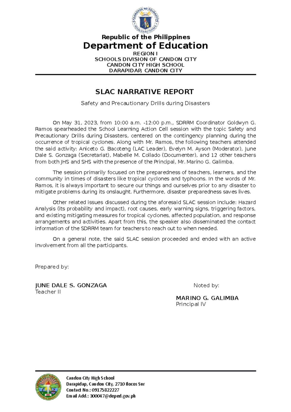 SLAC Narrative Report: Safety Drills in Disasters - May 2023 - Studocu