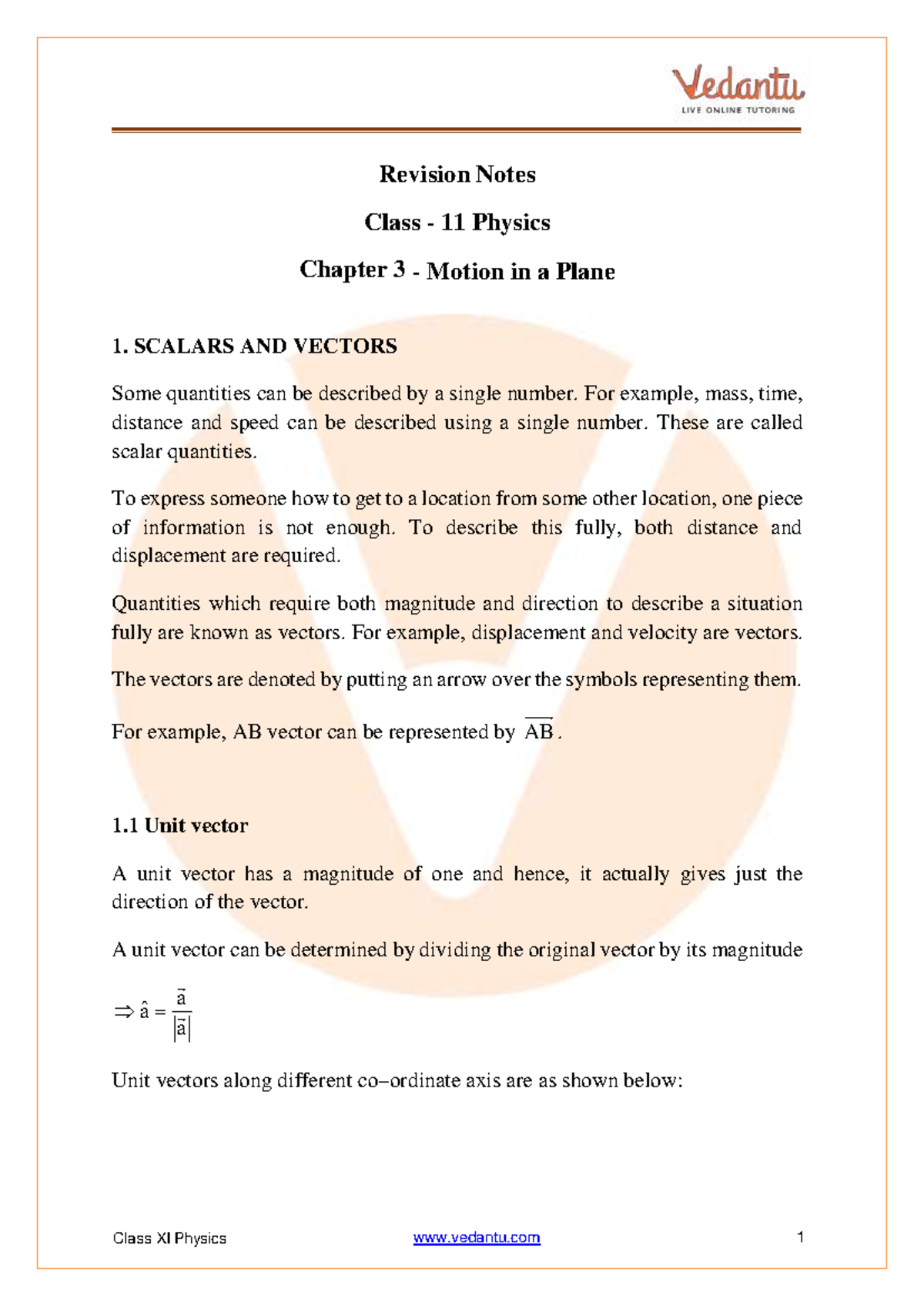Motion in a Plane: Class 11 Physics Revision Notes - Studocu