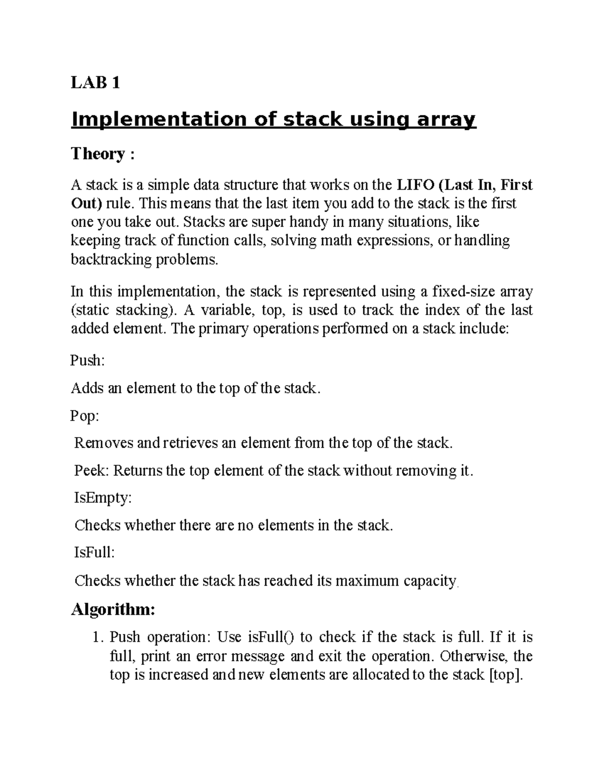 DSALAB-1: Implementation of Stack Using Array - Theory & Code - Studocu