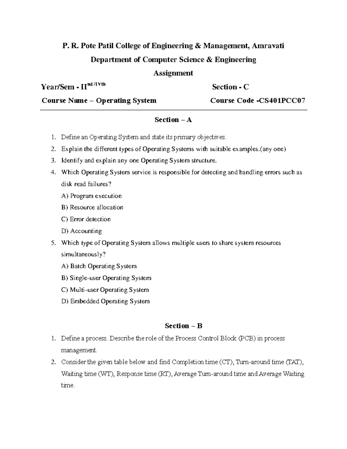 Assignment II: Operating Systems Overview and Process Management - Studocu