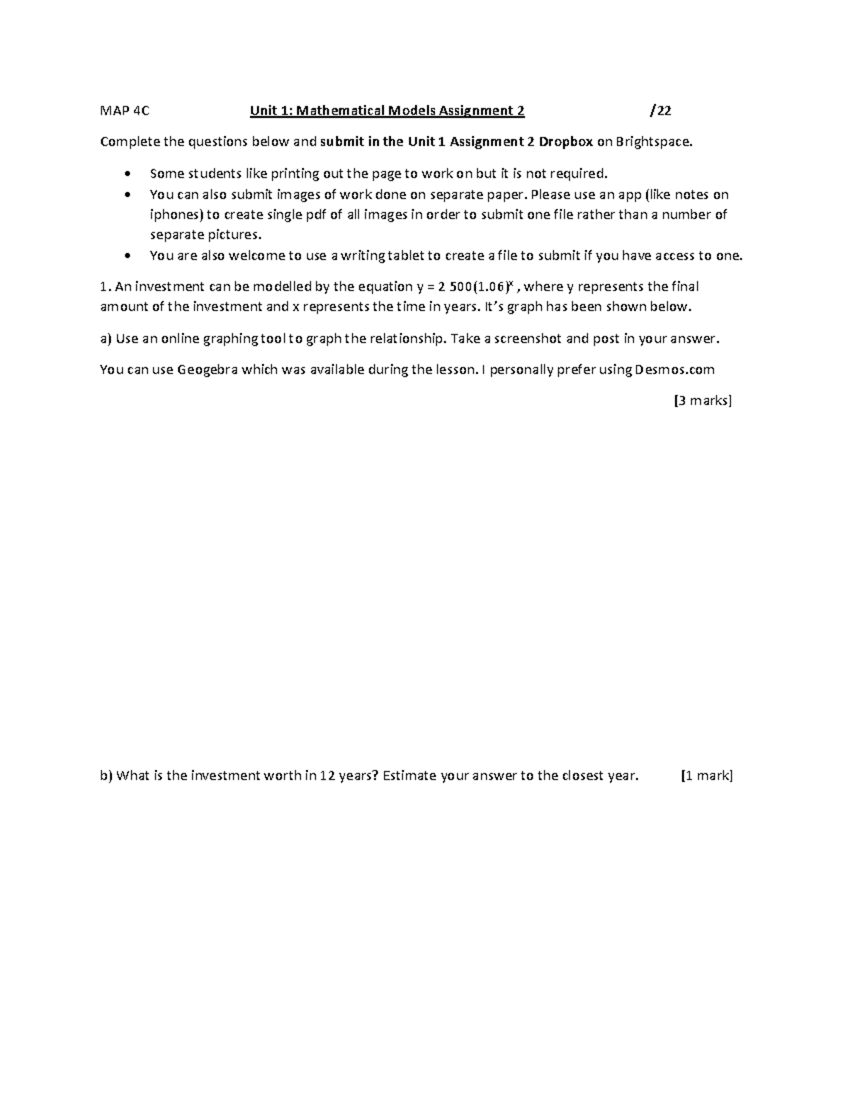 MAP 4C Unit 1: Mathematical Models Assignment 2 Guide - Studocu