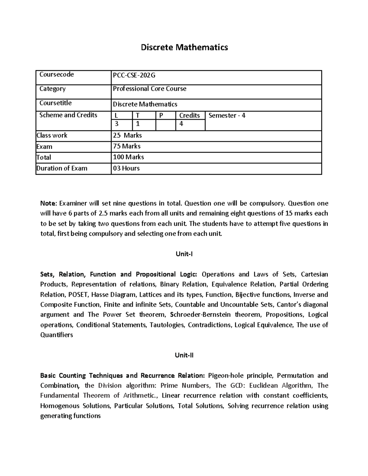 Discrete Mathematics Syllabus (Course Code: Professional Core) - Studocu