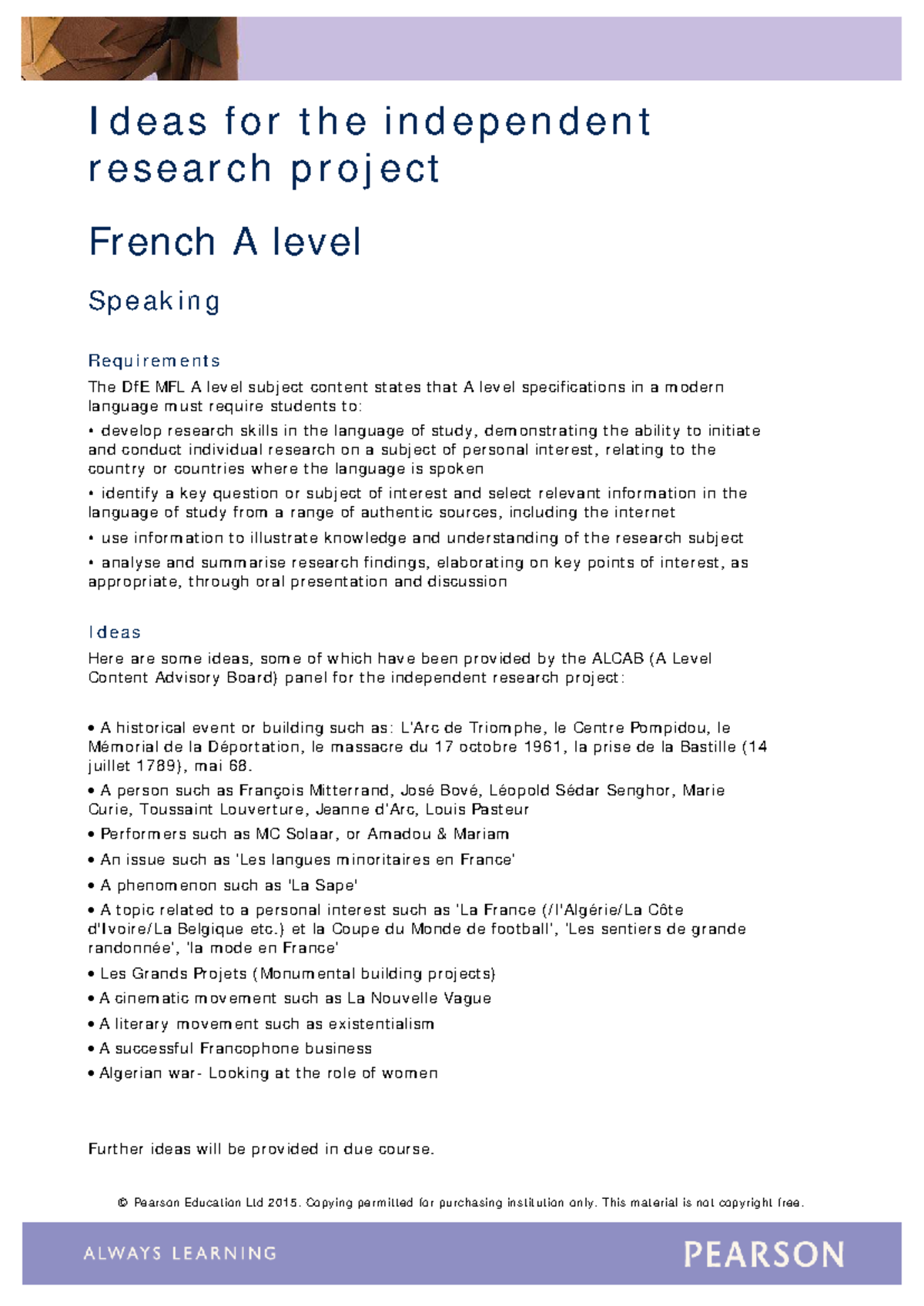 Ideas for Independent Research Projects - French A Level - Studocu