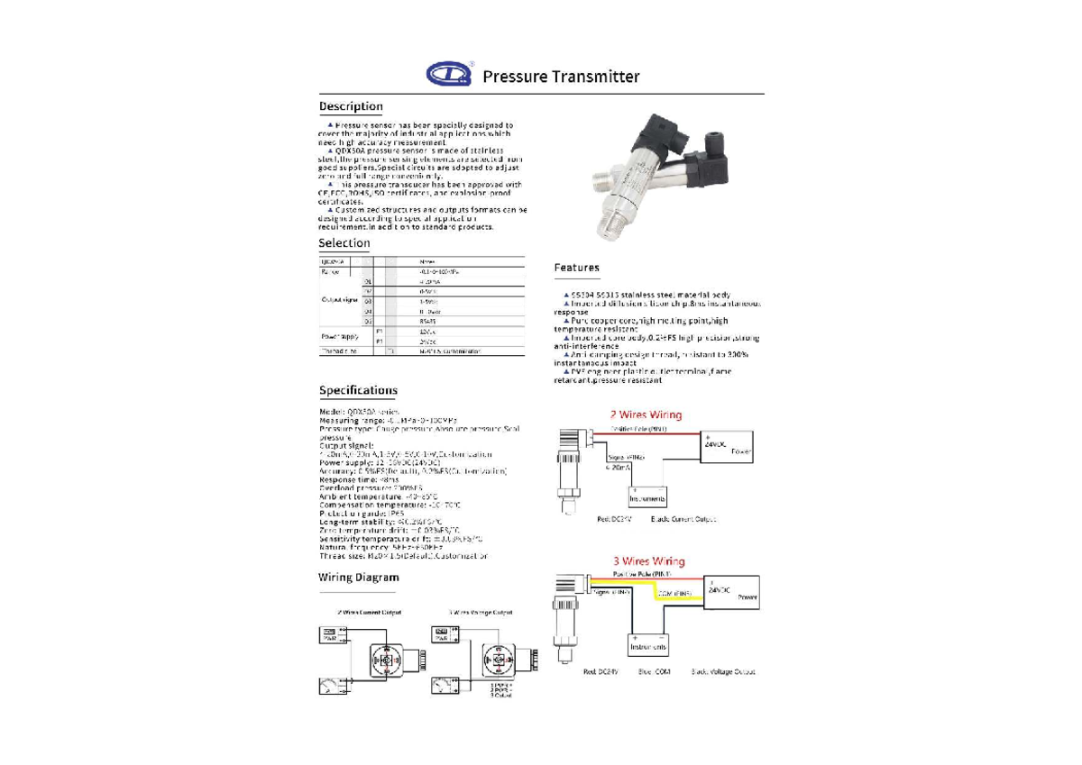 QDX50A Pressure Sensor: Industrial Applications & Specifications - Studocu