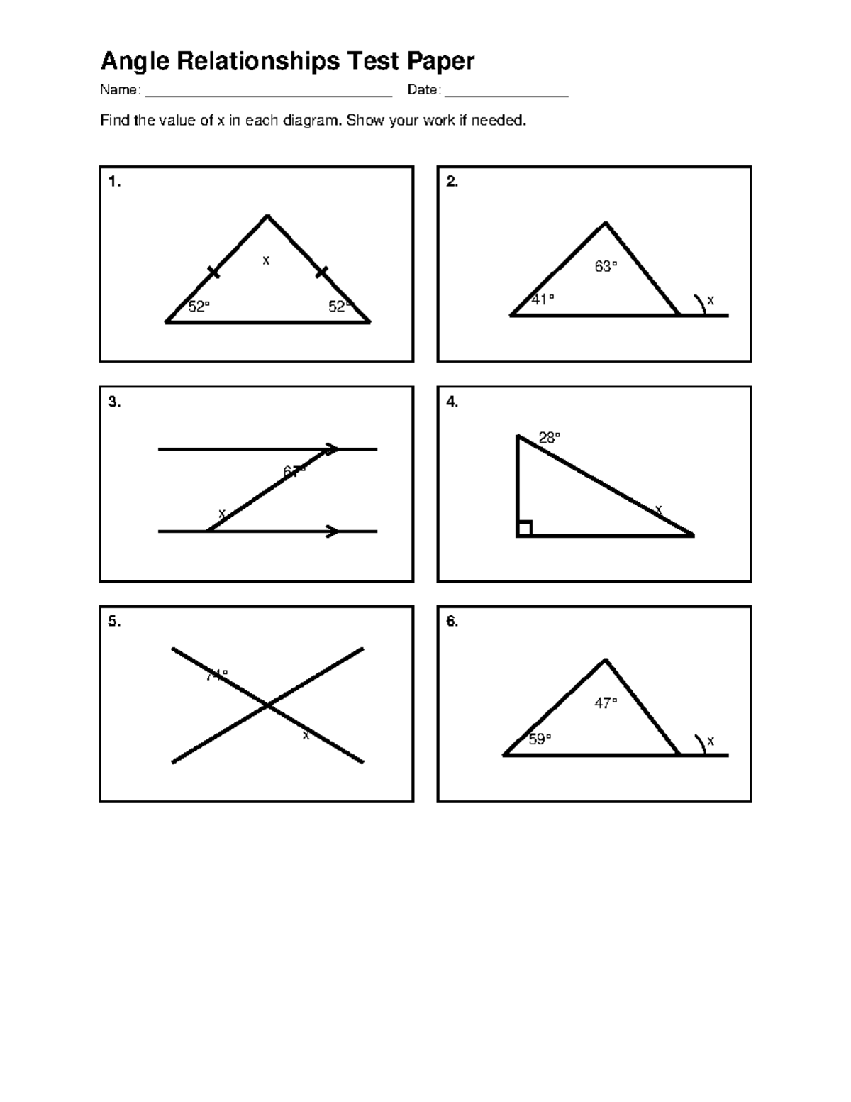 Angle test paper triangles - Angle Relationships Test Paper Name