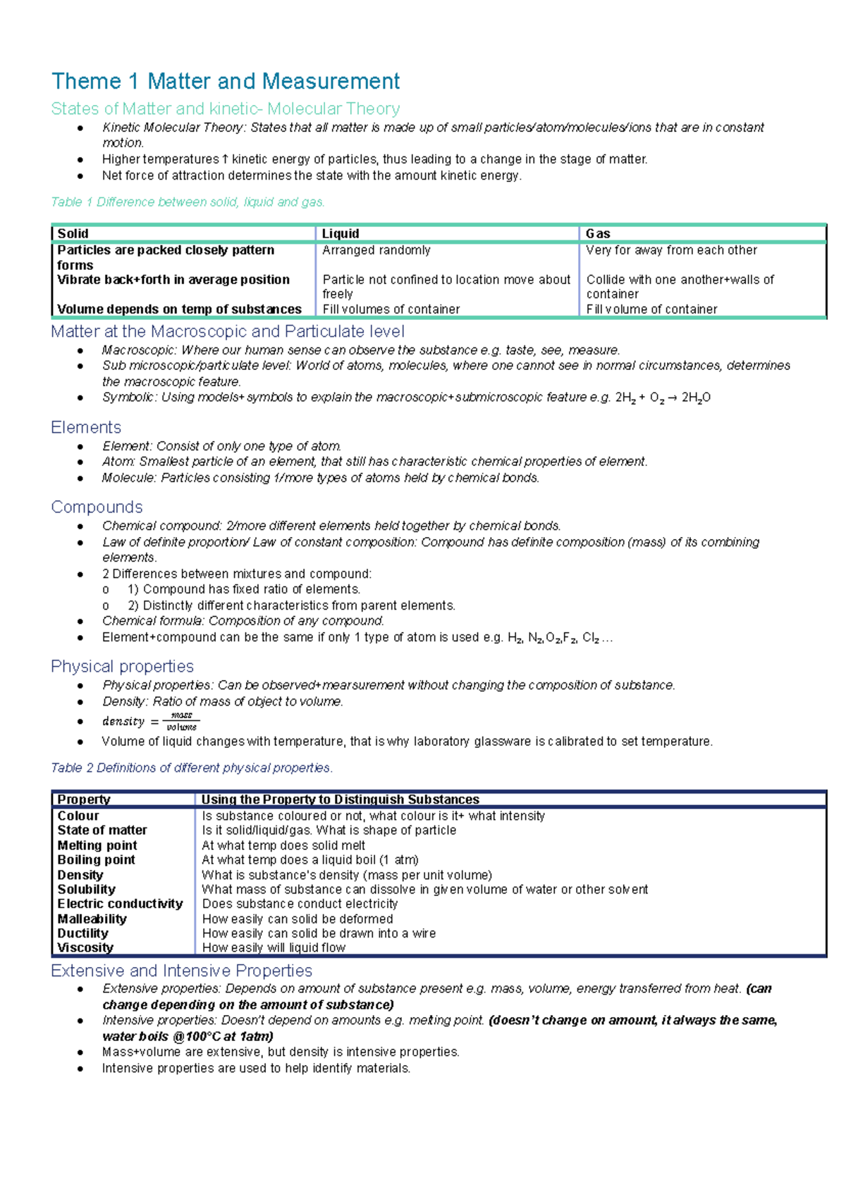 Theme 1: Matter and Measurement Overview - Key Concepts and Definitions ...