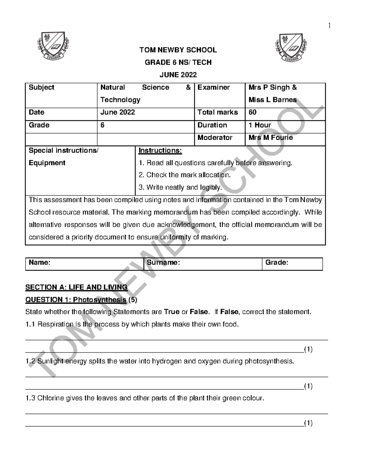 Grade 6 NS June 2022 Exam - Tom New School Assessment - Studocu