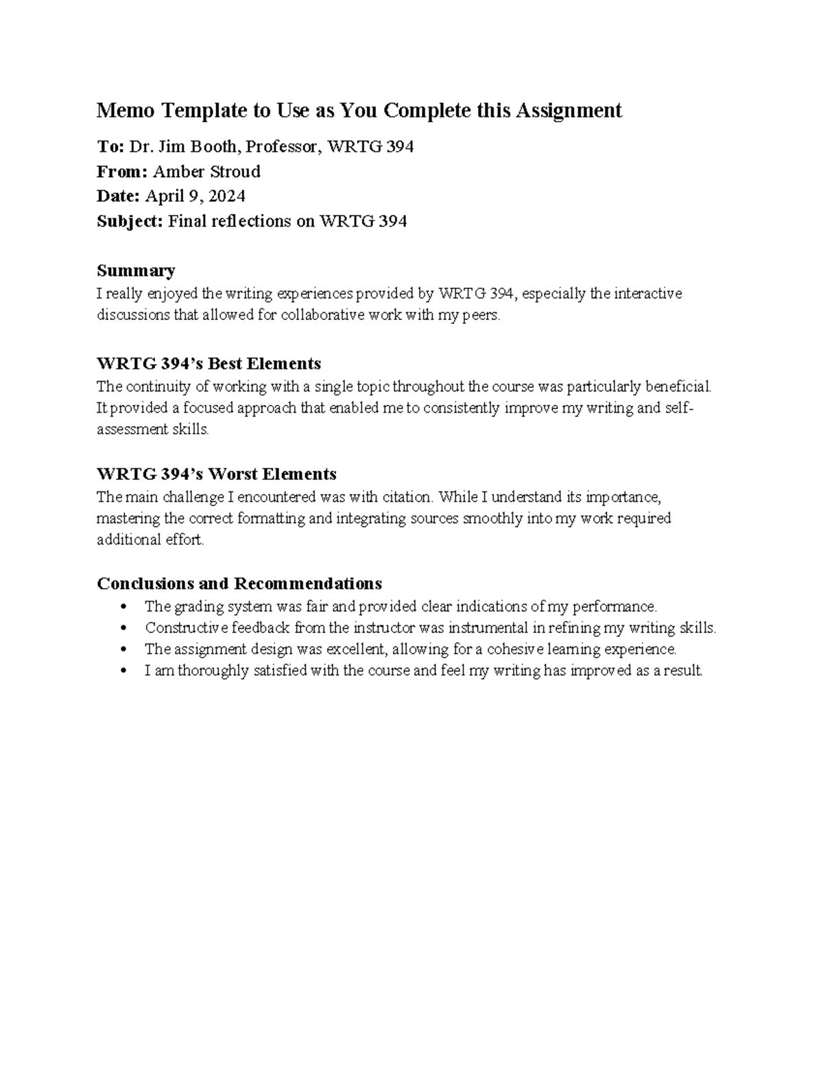 Final Reflection on WRTG 394 - Course Insights and Improvements - Studocu