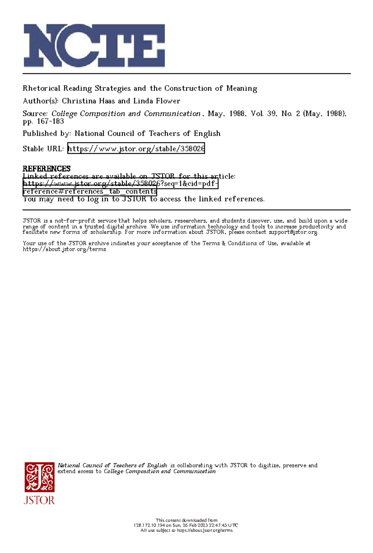 Christina Hass and Linda Flower, Rhetorical Reading Strategies and the ...