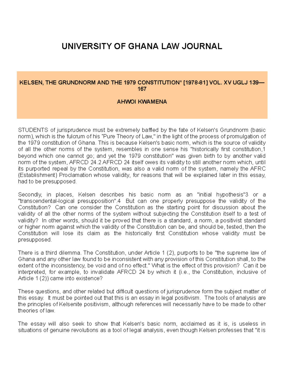 Hans Kelsen's Grundnorm - UNIVERSITY OF GHANA LAW JOURNAL KELSEN, THE ...
