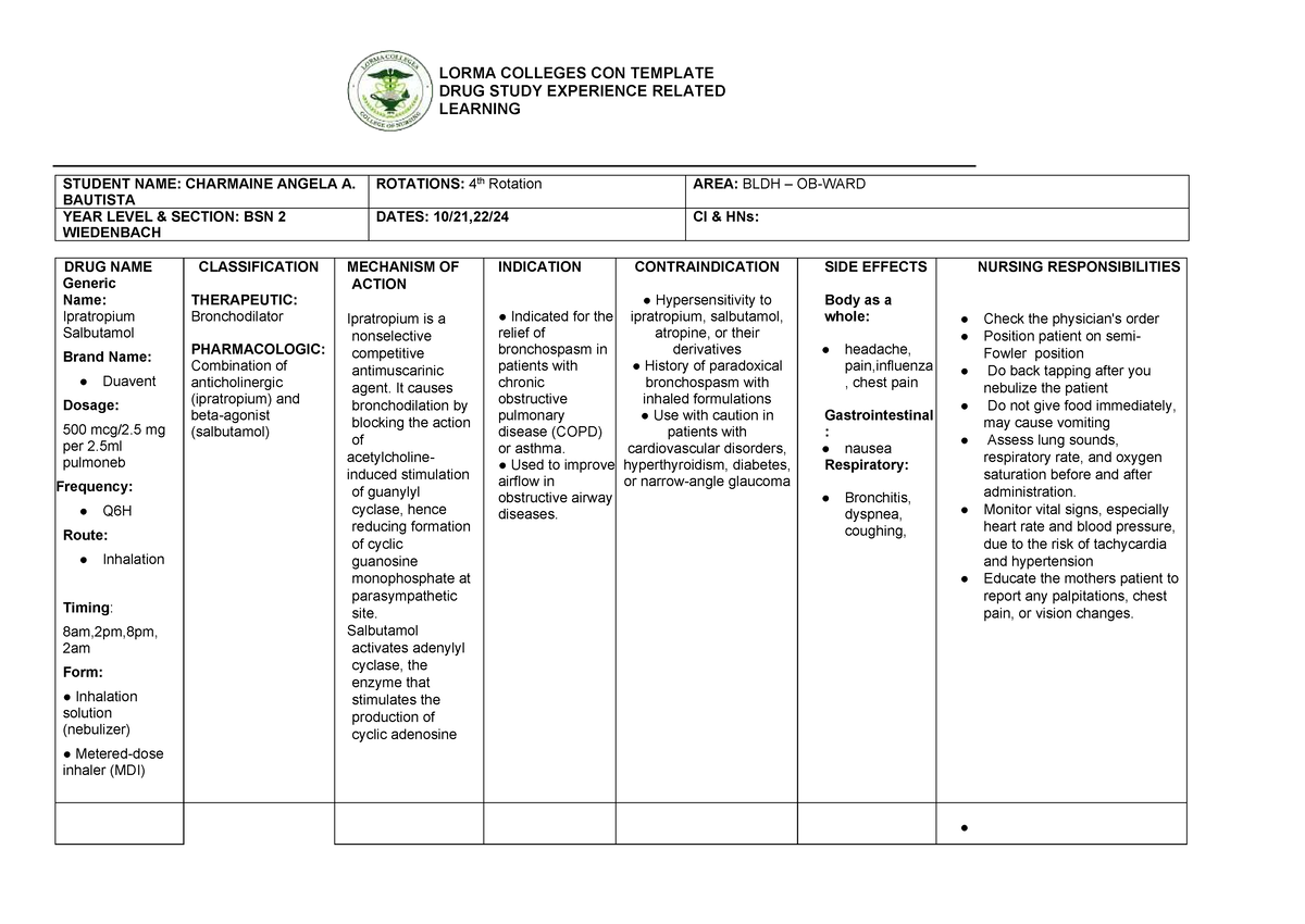 Ipratropium Salbutamol DS - LORMA COLLEGES CON TEMPLATE DRUG STUDY ...