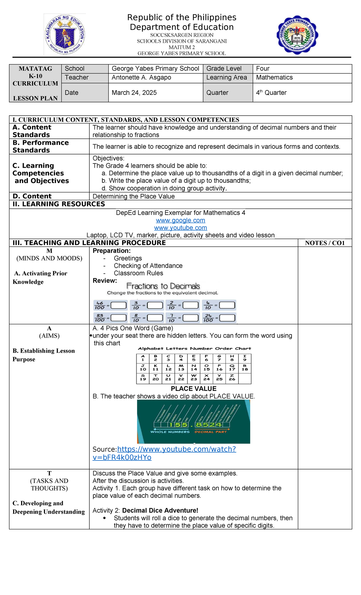 CO MATH - Grade 4 Lesson Plan on Decimal Place Value - Studocu