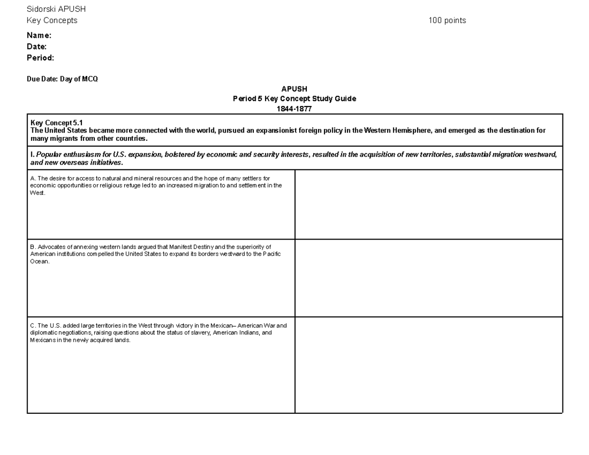 Key Concept Study Guide - Period 5 - Key Concepts 100 points Name: Date ...