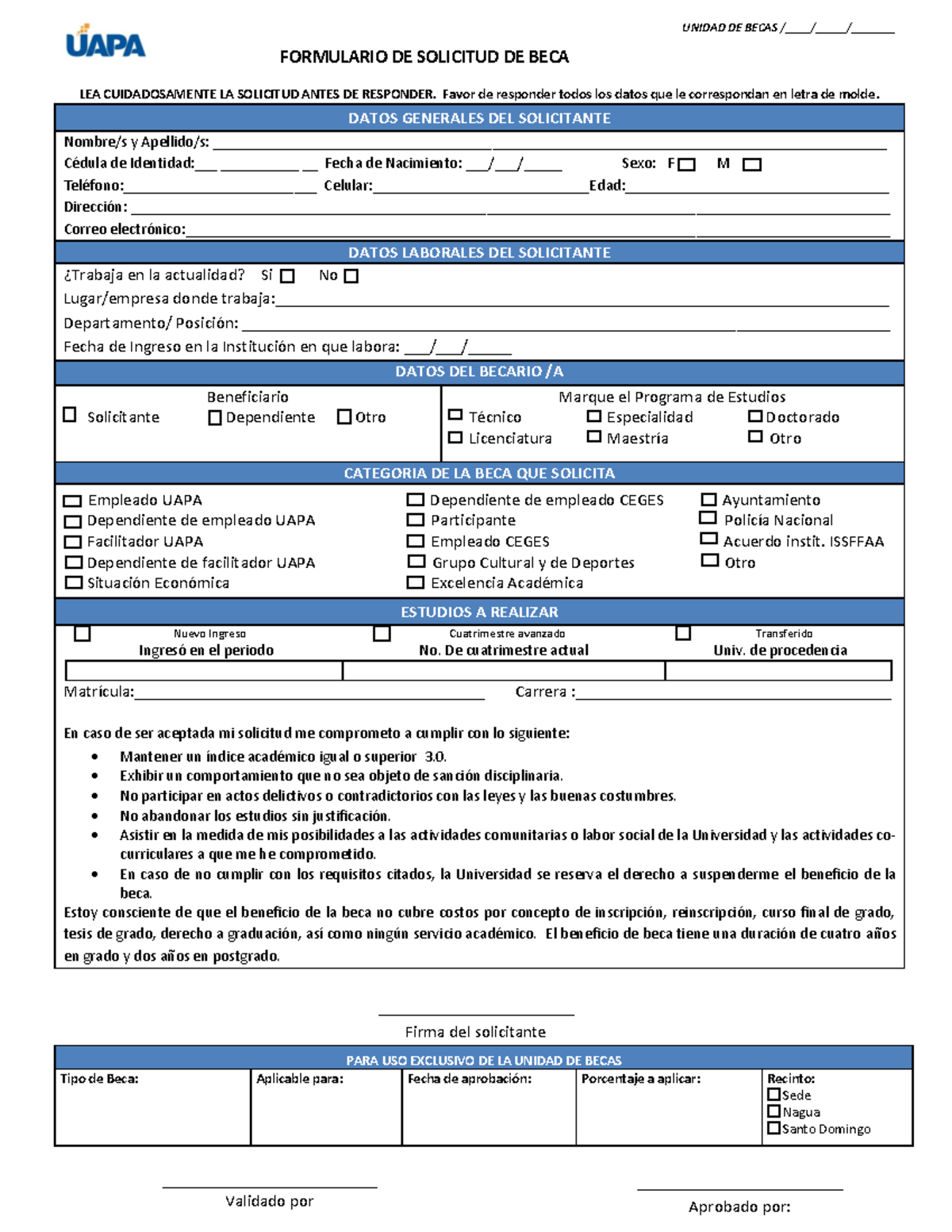 Formulario de Solicitud de Beca - Unidad de Becas UAPA - Studocu