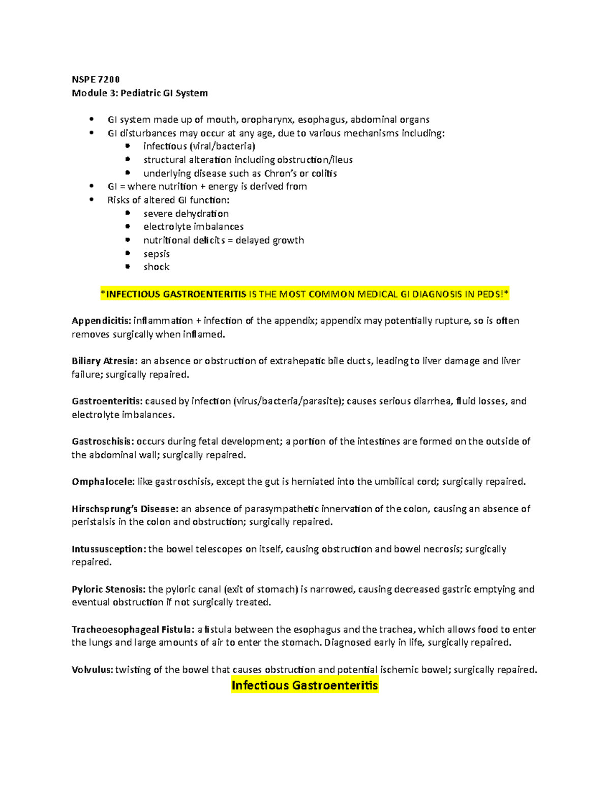 PEDS 7200 - Comprehensive Notes on Pediatric GI Disorders - Studocu
