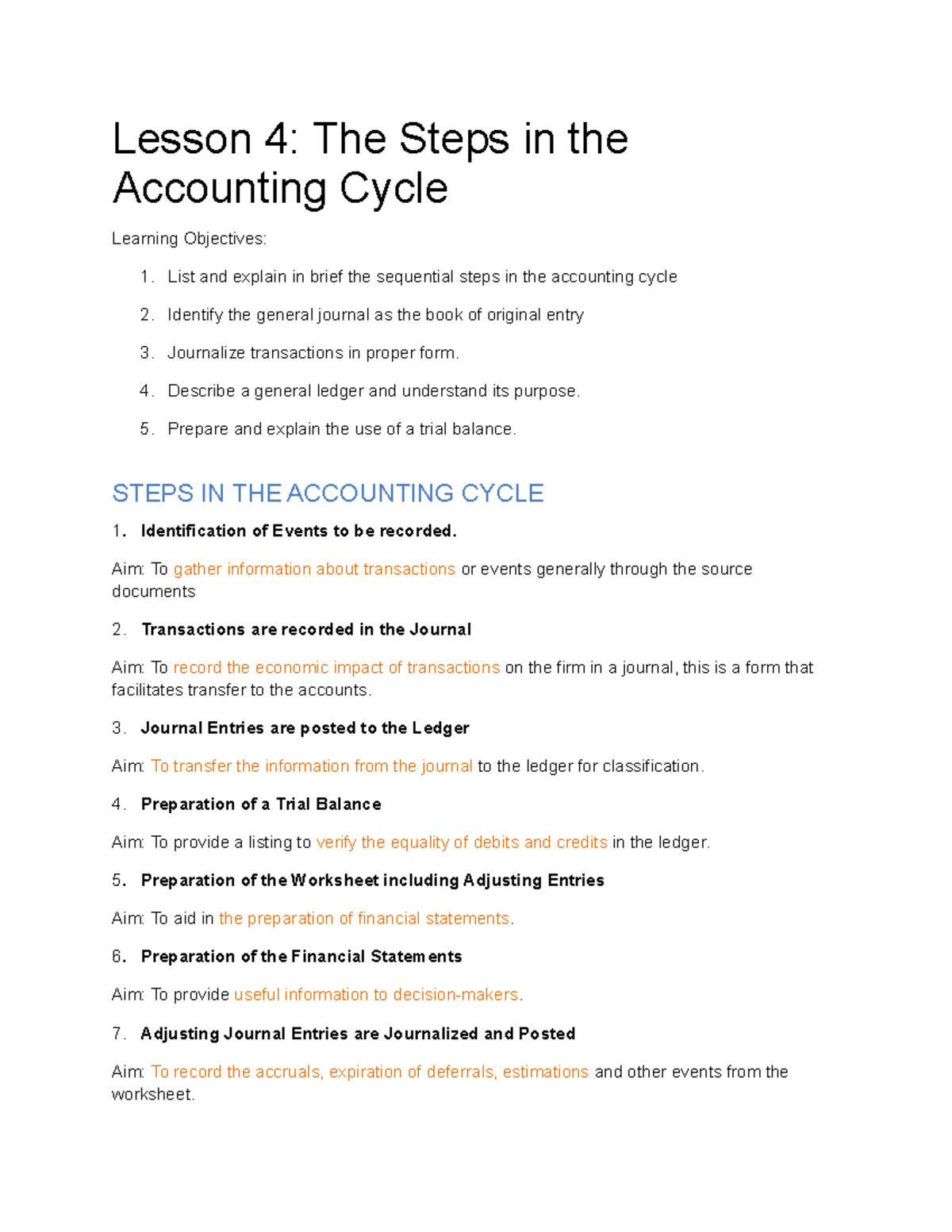 Lesson 4 The Steps in the Accounting Cycle - Lesson 4: The Steps in the ...