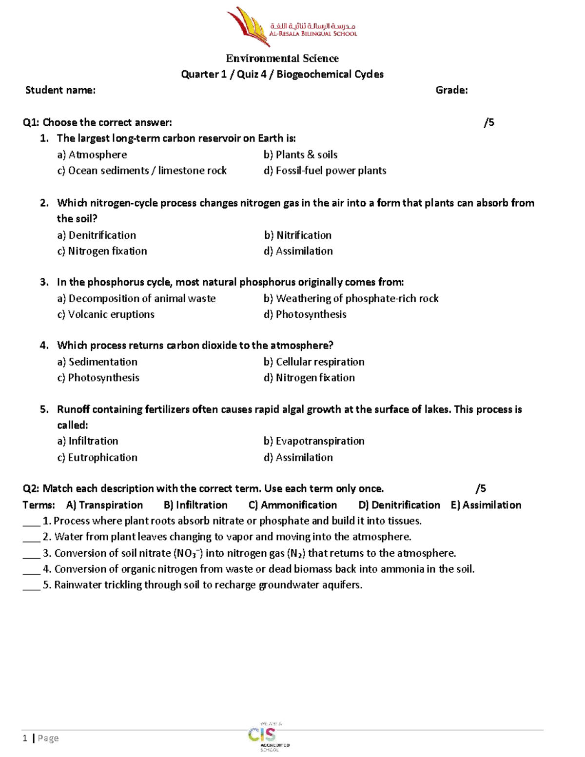 G12-APES-Q1-Quiz 4: Biogeochemical Cycles Overview - Studocu