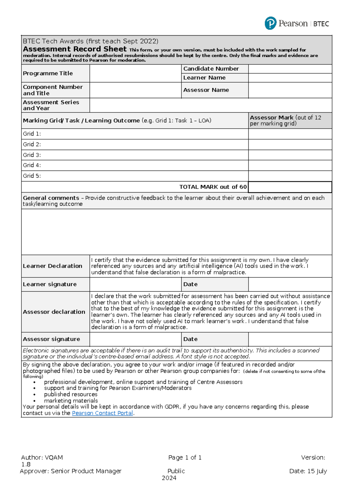 BTEC Tech Awards Assessment Record Template for Moderation - Studocu