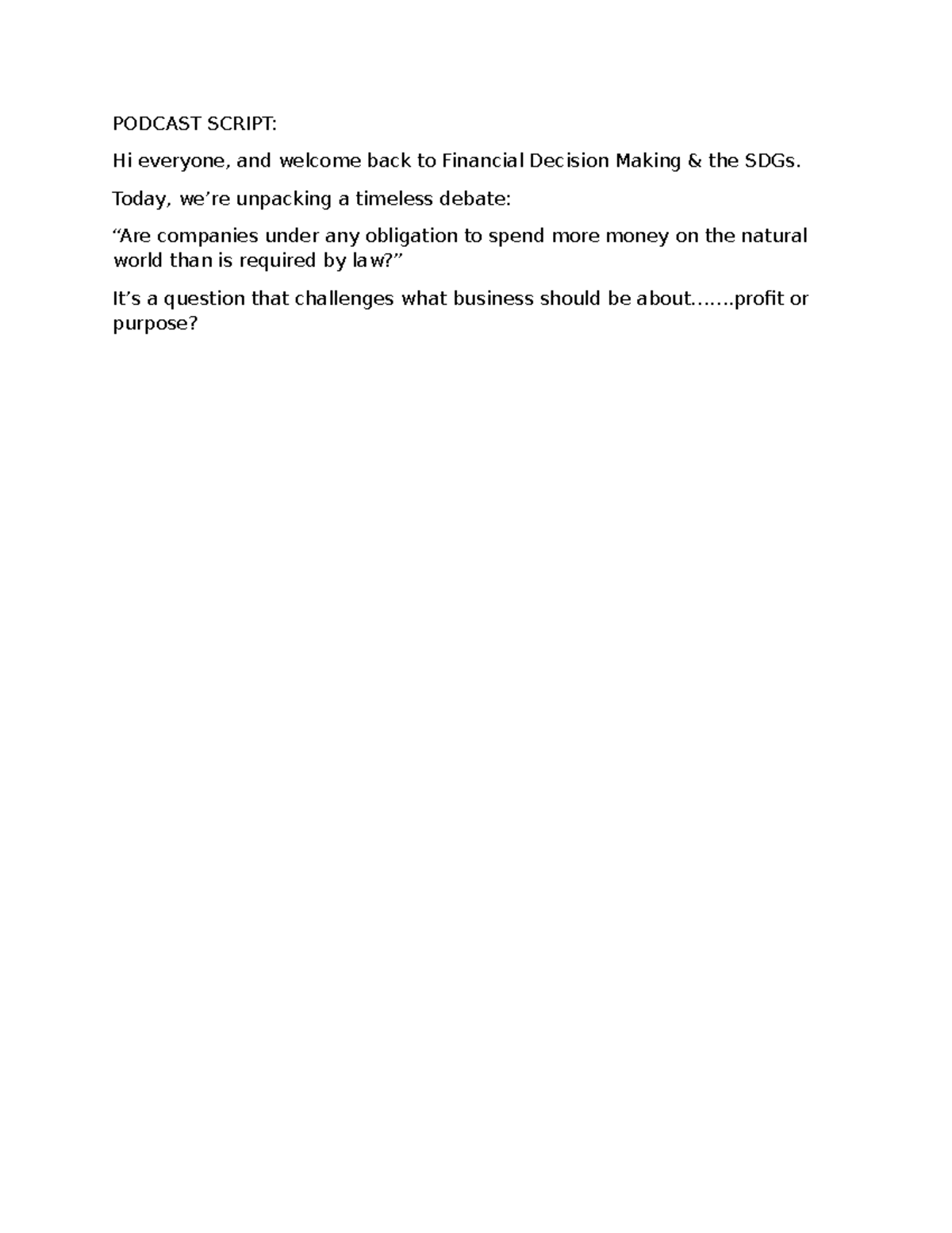PODCAST SCRIPT: Financial Decision Making & Corporate Responsibility ...