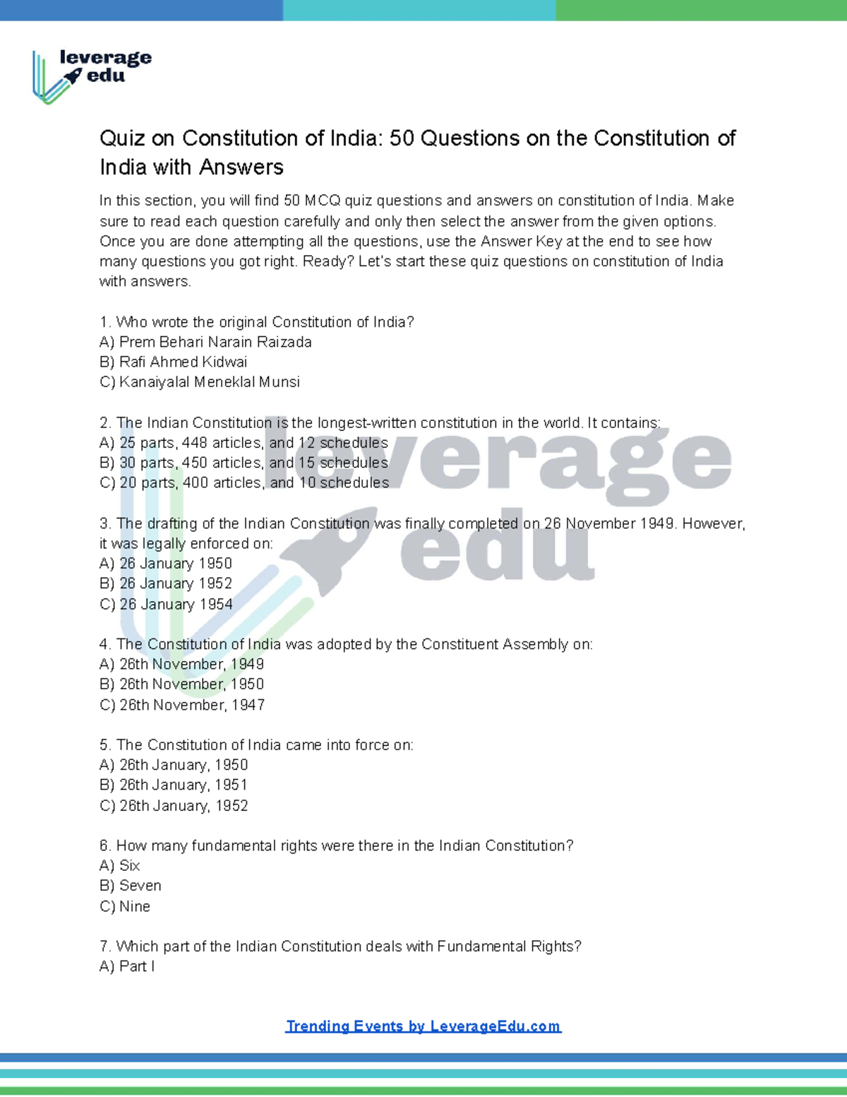 Quiz on Constitution of India (50 MCQs) with Answers - Studocu