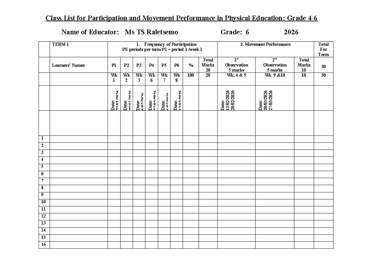 Class List for PE Participation & Movement Performance: Grades 1-16 T1 ...