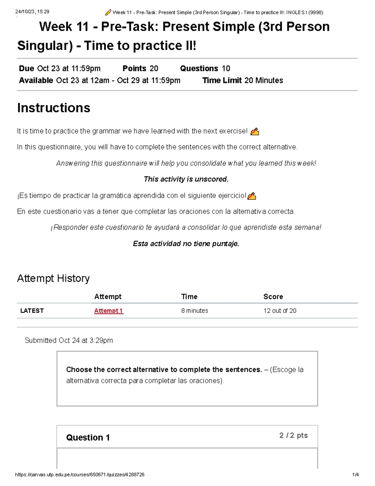 📝 Week 15 - Pre-Task Quiz: Grammar Practice for Ingles I - Studocu