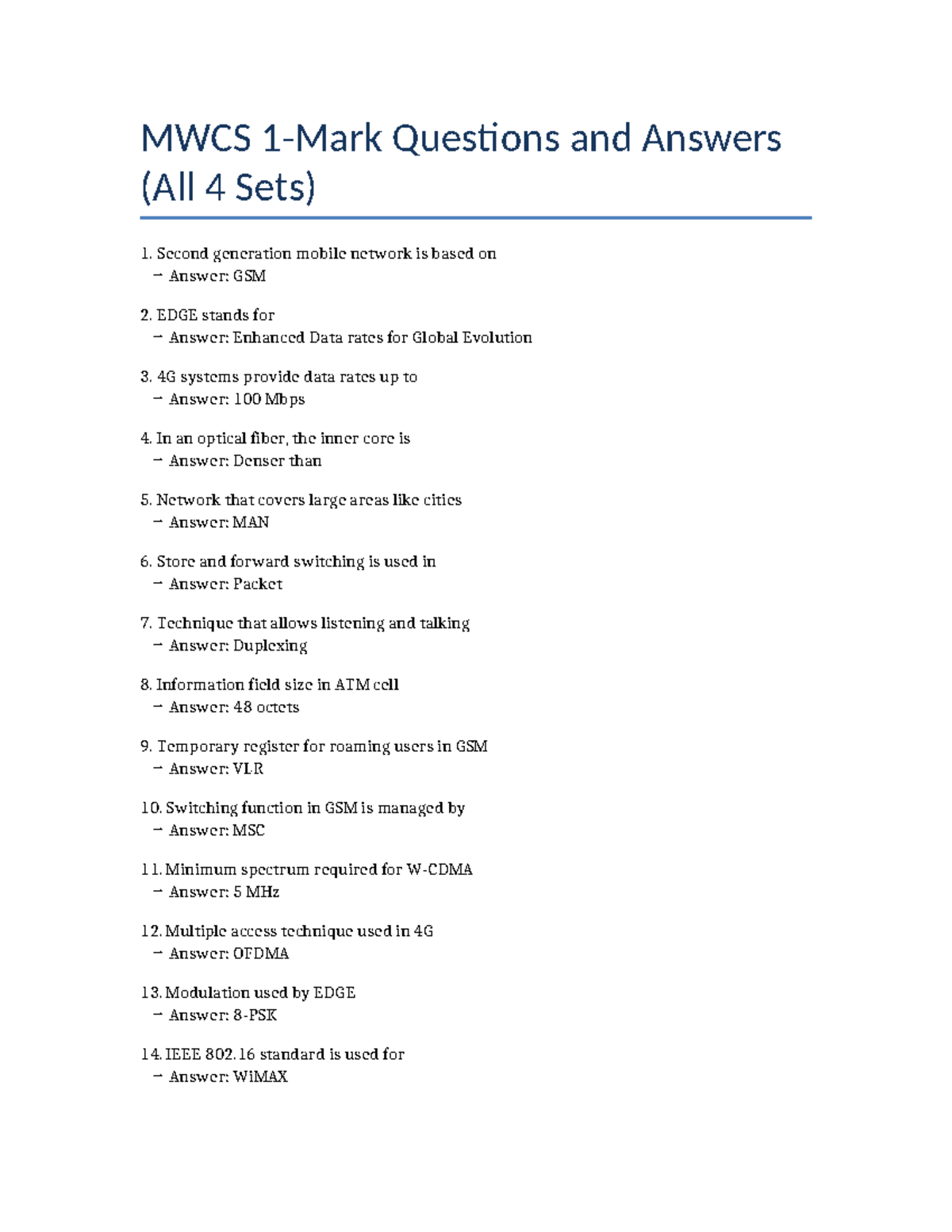 MWCS 1 Mark Questions & Answers: All Sets Reviewed - Studocu